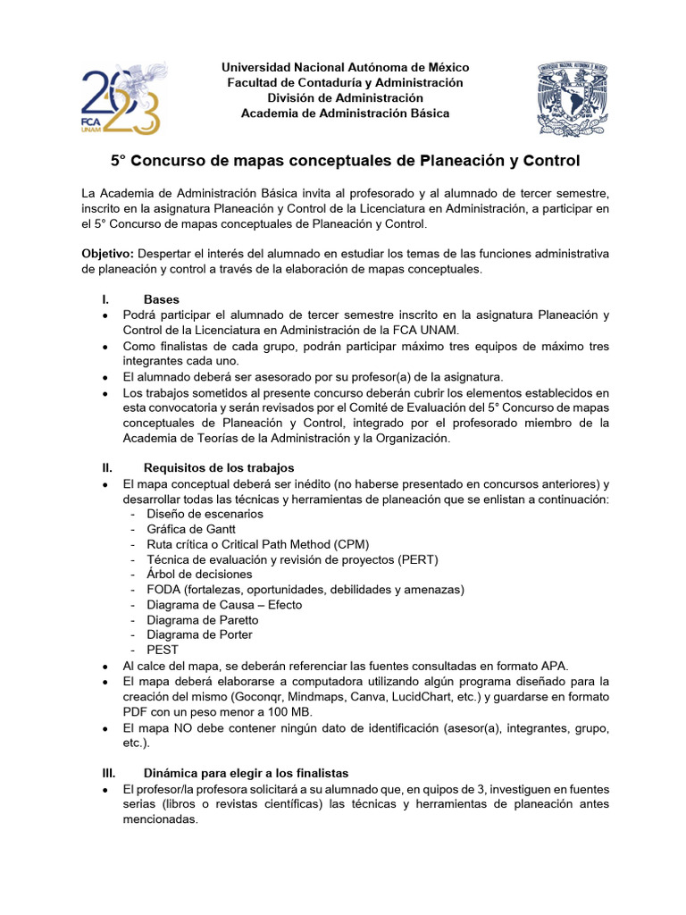 Convocatoria 5° Concurso de mapas mentales de Planeación y Control 24-1 | PDF