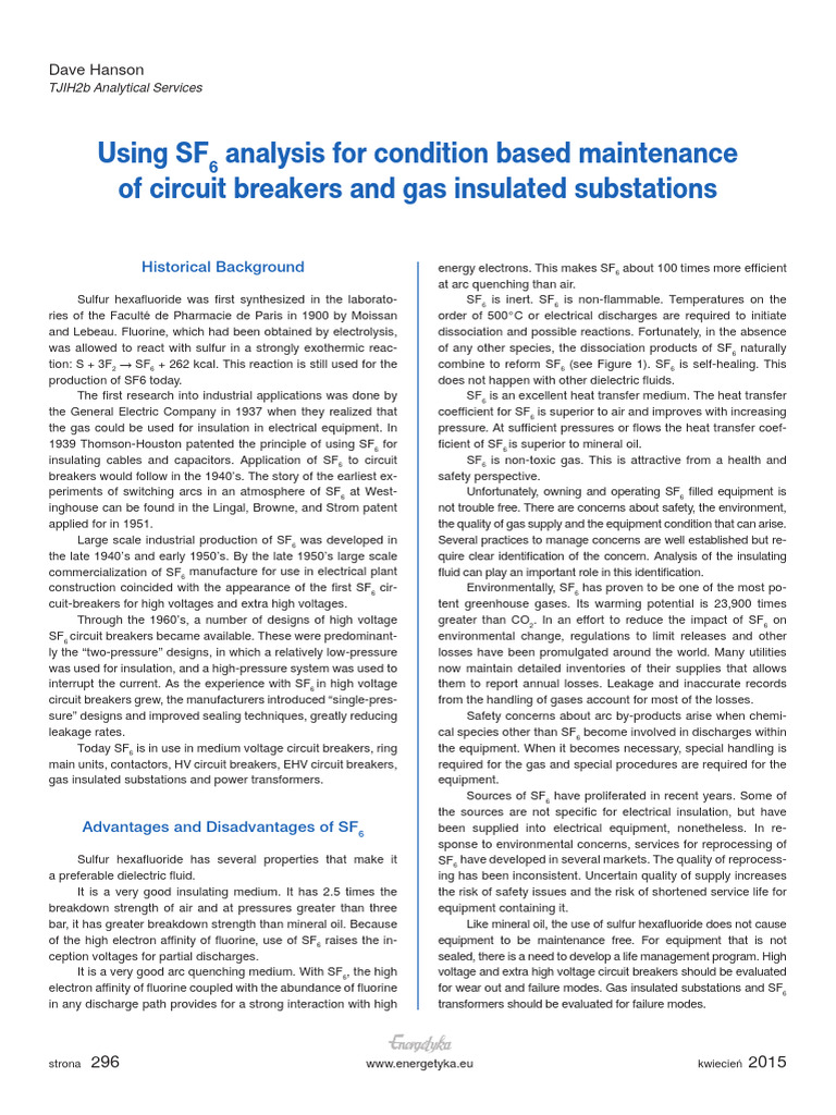 Using sf6 Analysis For Condition Based Maintenance of Circuit Brakers and Gas Insulated ...