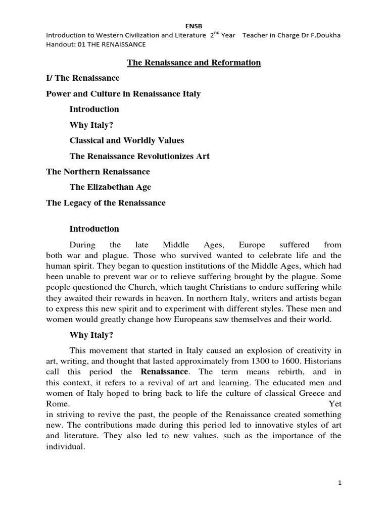 HANDOUT 1 The Renaissance and Reformation | PDF | Renaissance | William ...