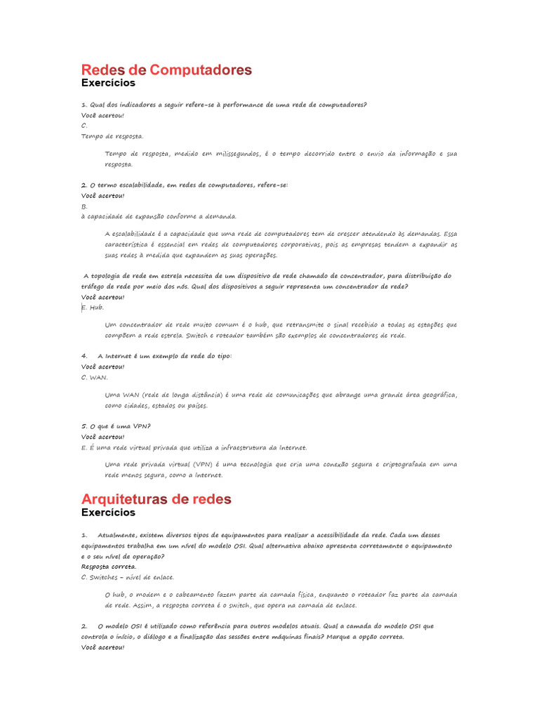 Redes de Computadores Exercícios | PDF | Rede de computadores | Modelo OSI