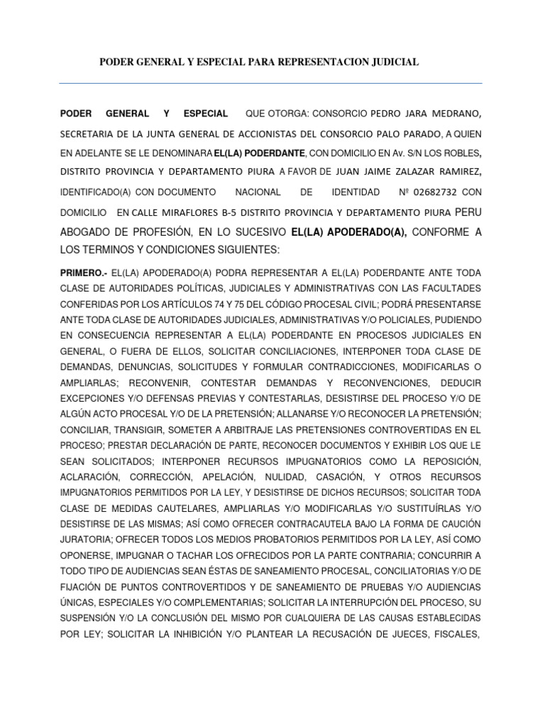 Poder General y Especial para Representacion Judicial | PDF | Arbitraje ...
