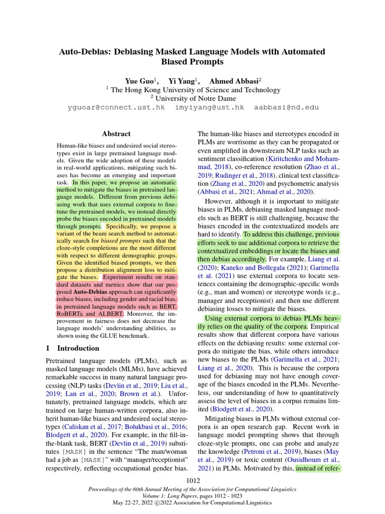 Auto-Debias: Debiasing Masked Language Models With Automated Biased ...