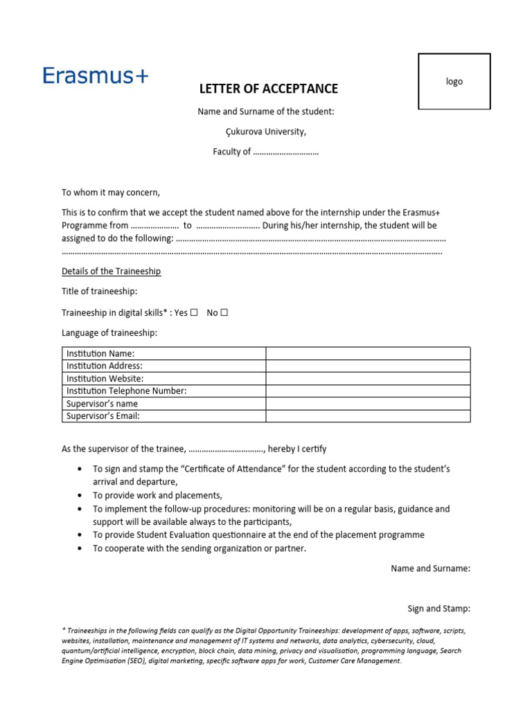 Erasmus Traineeship Sample Acceptance Letter 2021 | PDF