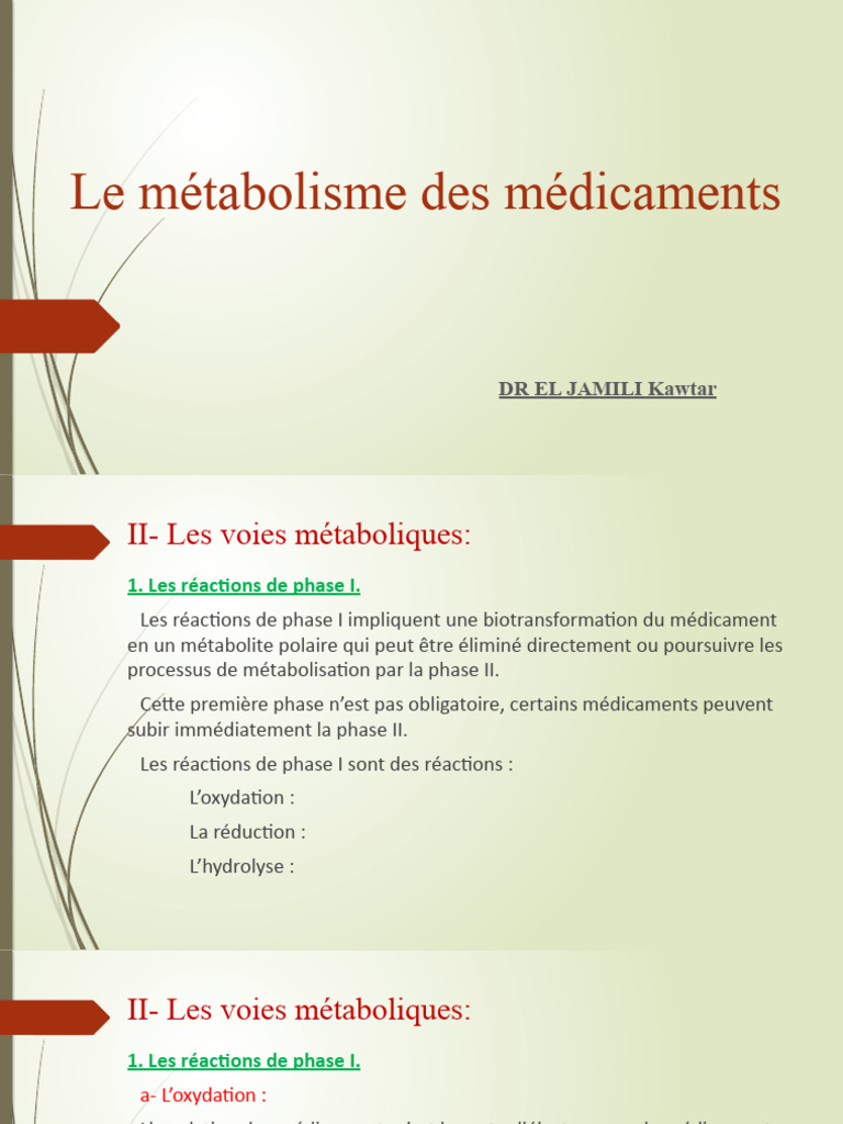 Métabolisme des Médicaments : Phases I et II | PDF | Enzyme | Métabolisme