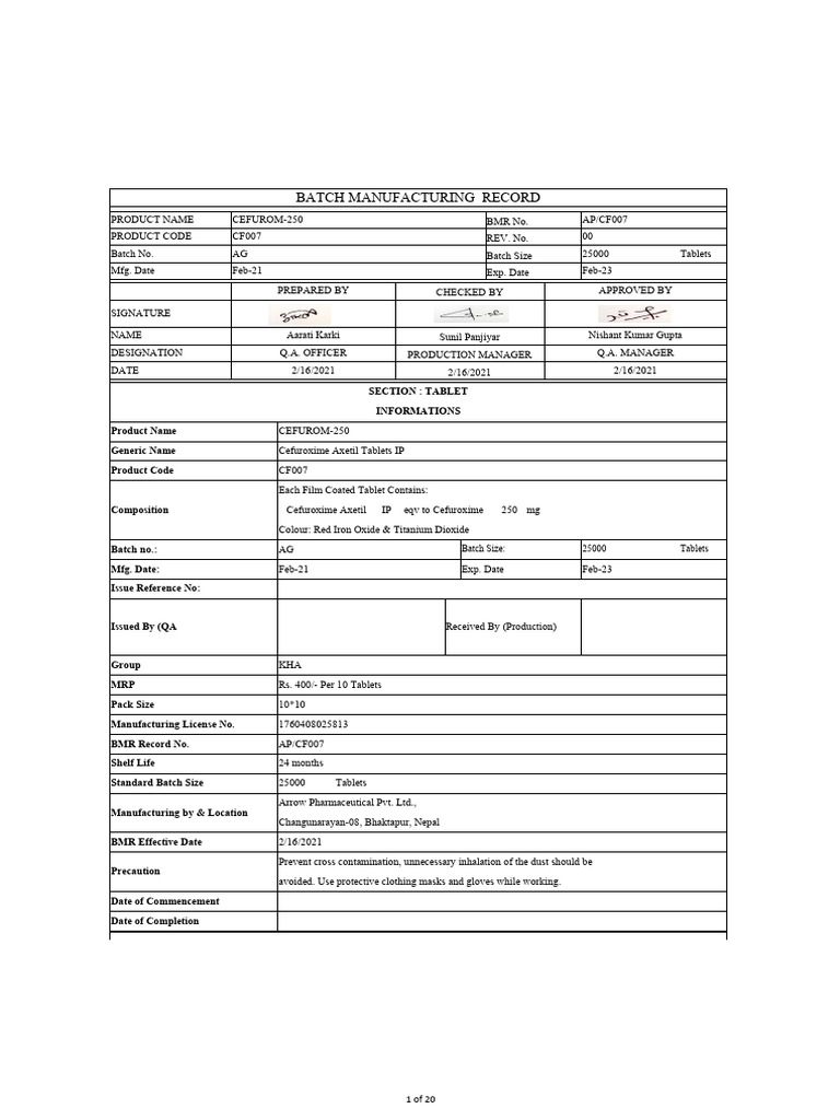 Cefurom 250 (2) BMR | PDF | Tablet (Pharmacy) | Chemical Substances