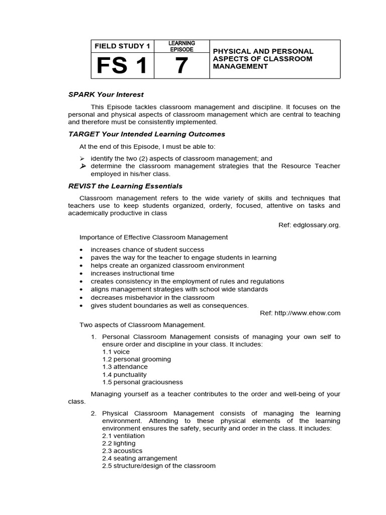 FS 1 Learning Ep 07 | PDF | Classroom Management | Teachers