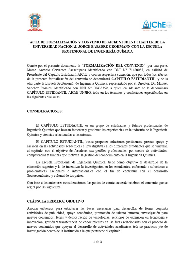 Convenio AIChE y ESIQ | PDF