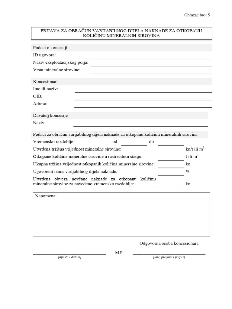 Rudarstvo - Obrazac Broj 5 | PDF
