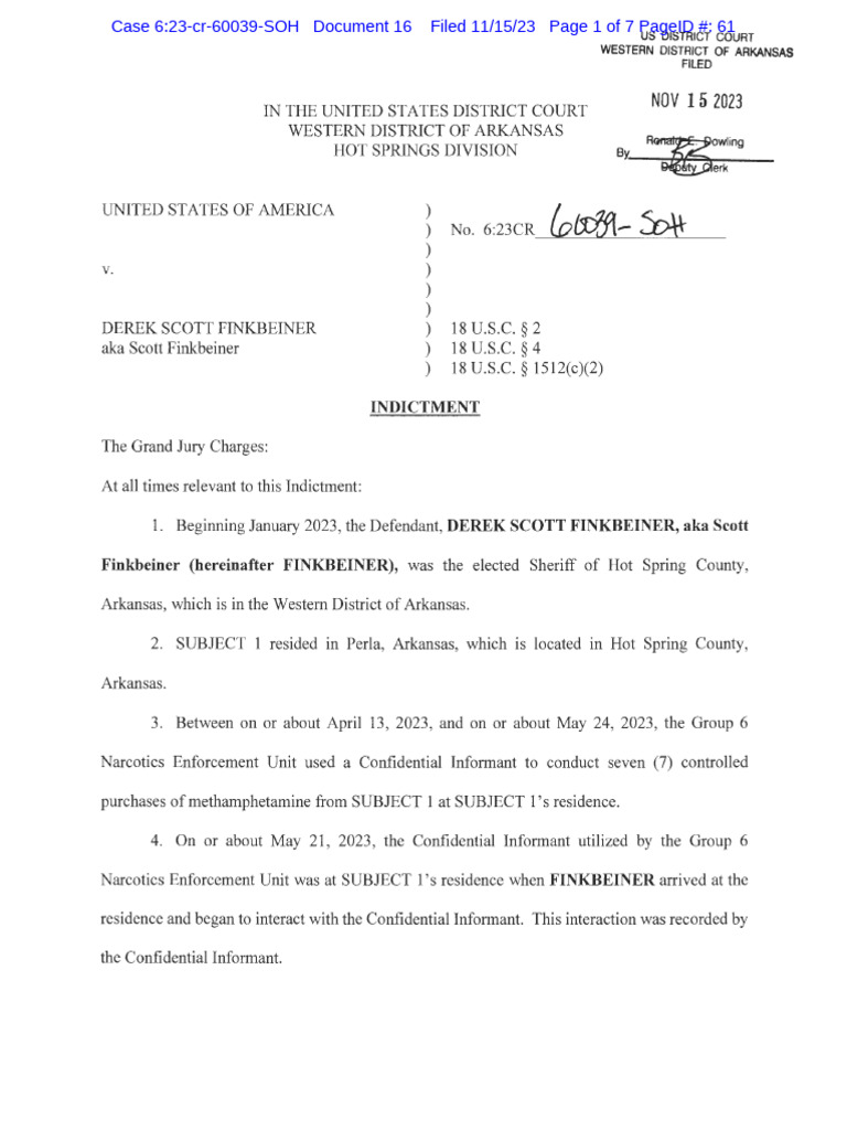 Nov. 15 Indictment: United States of America v. Derek Scott Finkbeiner ...