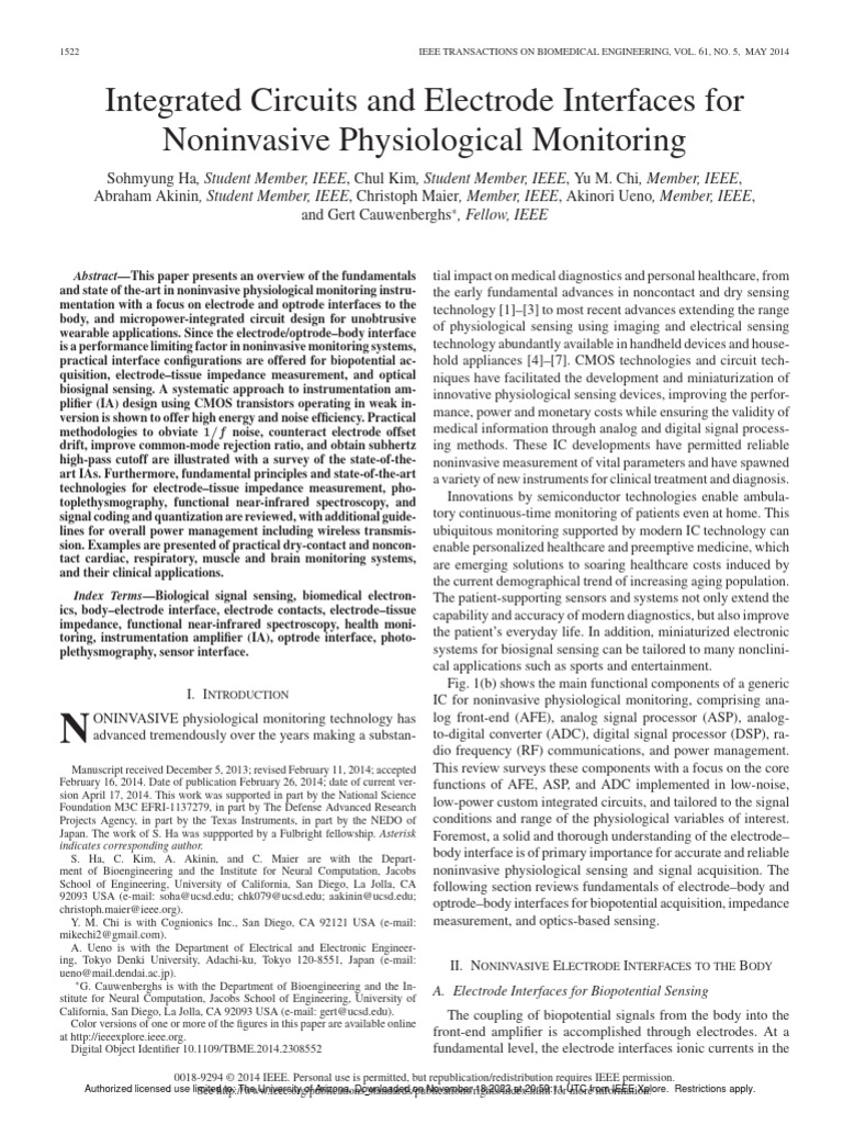 Integrated Circuits and Electrode Interfaces For Noninvasive Physiological Monitoring 2014 5G ...