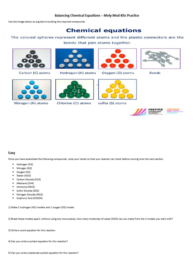 Balancing Chemical Reactions Using Moly Mod Kits | PDF | Oxide ...