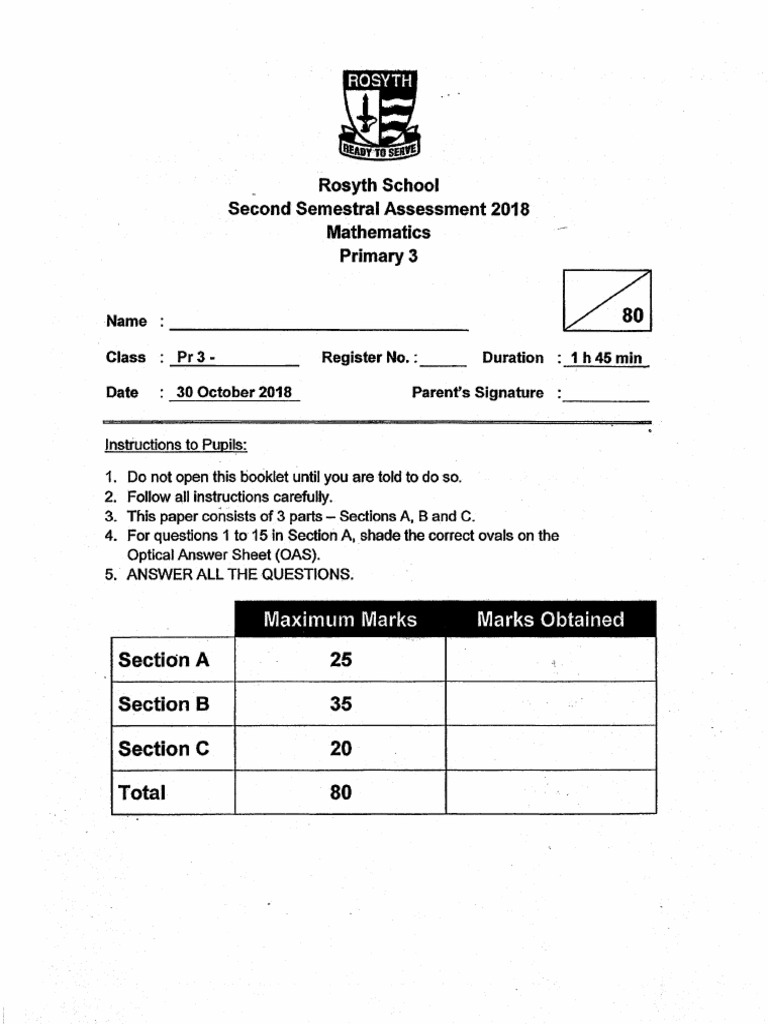 P3 Maths SA2 2018 Rosyth Exam Papers | PDF