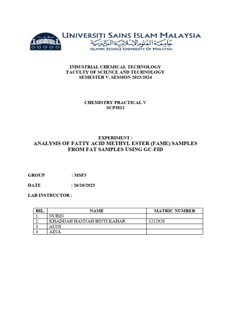 Lab Report CG FID | PDF | Gas Chromatography | Fatty Acid