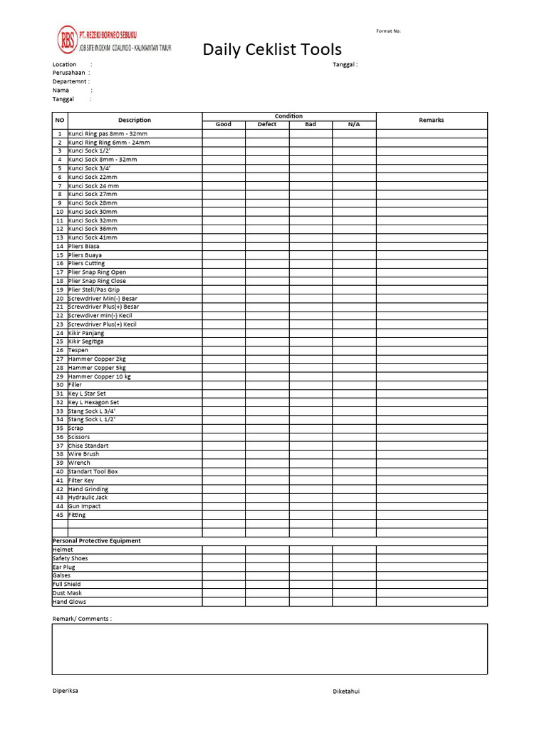 Form Ceklist Tools | PDF