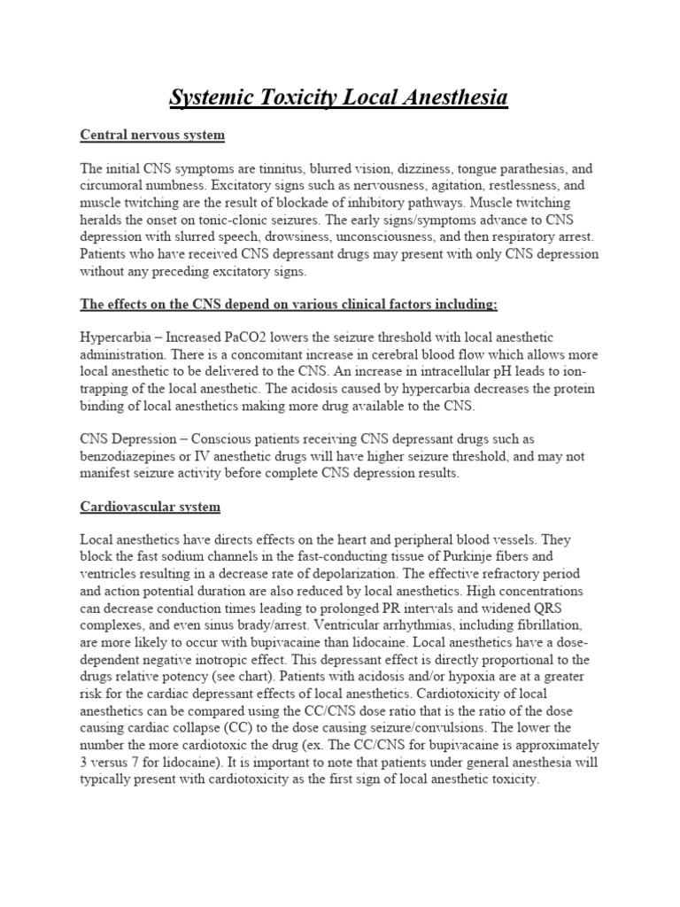 Systemic Toxicity Local Anesthesia: Central Nervous System | PDF | Anesthesia | Drugs
