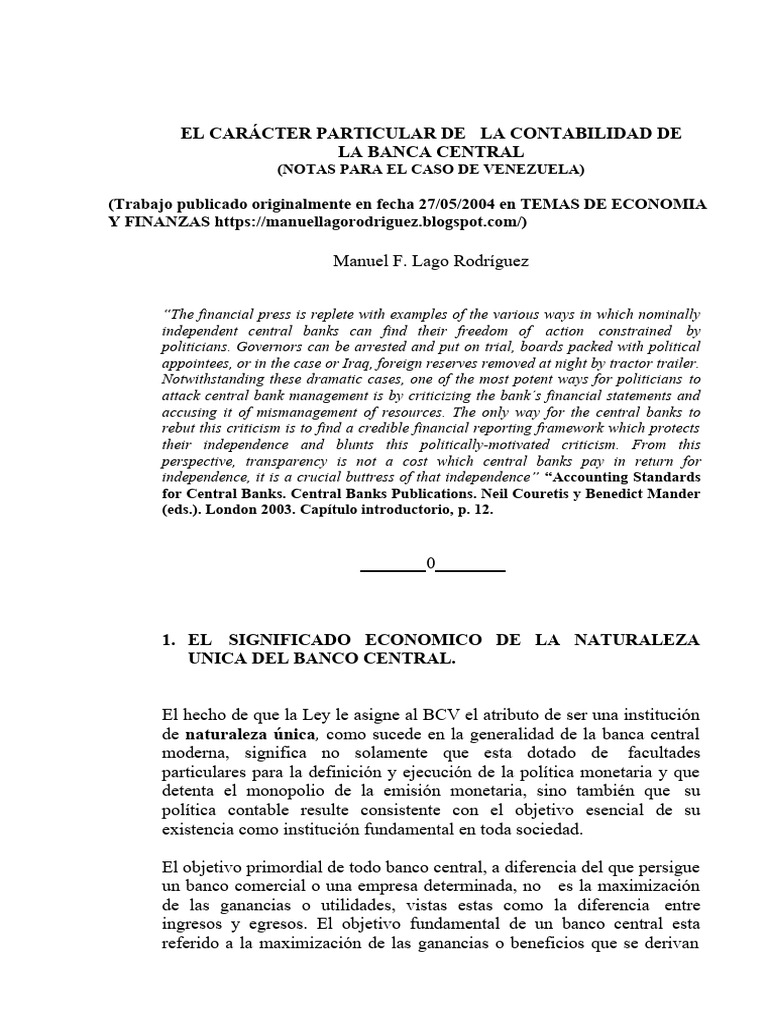 El Caracter Particular de La Contabilidad de La Banca Central (Notas ...