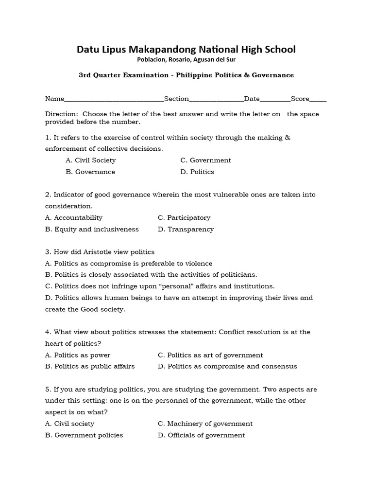 Philippine Politics & Governance Exam | PDF | Power (Social And ...