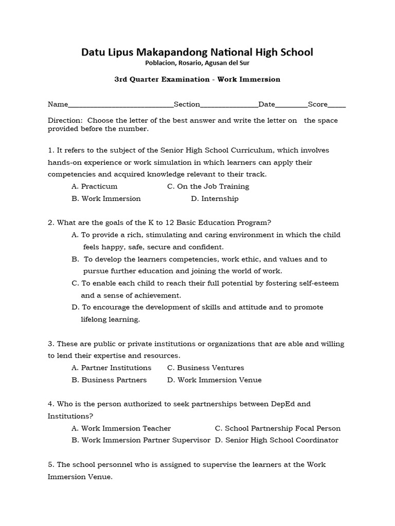 Work Immersion Exam | PDF | Learning | Hazards