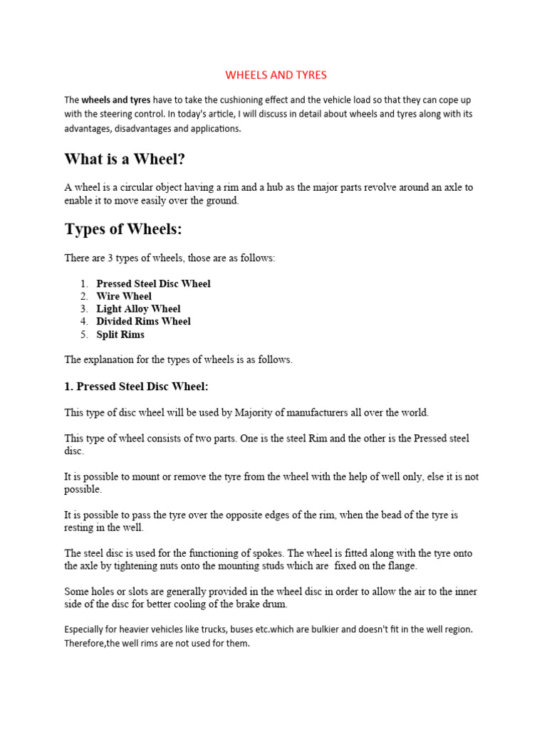 AE Unit 4 Wheels and Tyres Notes | PDF | Tire | Wheel
