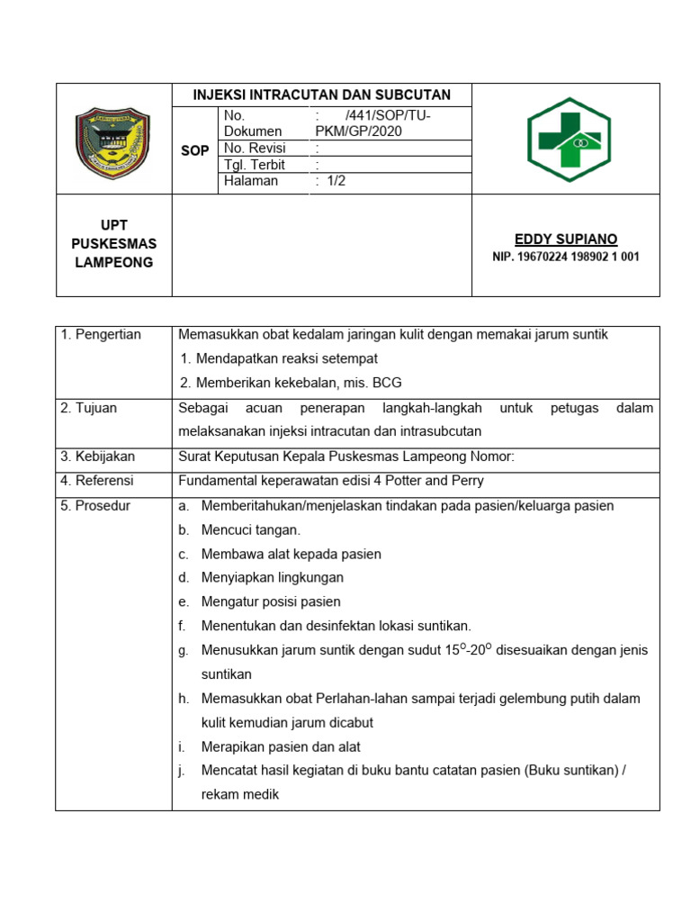 Sop Injeksi Intracutan Dan Subcutan | PDF | Sains & Matematika