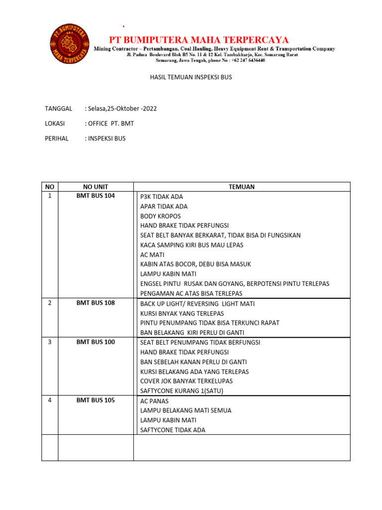 Temuan Inspeksi Bus PT. BMT | PDF