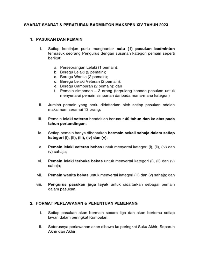 SYARAT MAKSPEN 2023 (BADMINTON) 1 Oktober 2023 | PDF