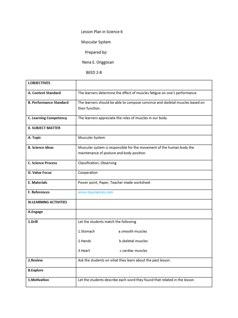 Grade 6 Lesson Plan: Muscular System | PDF | Skeletal Muscle | Organ ...