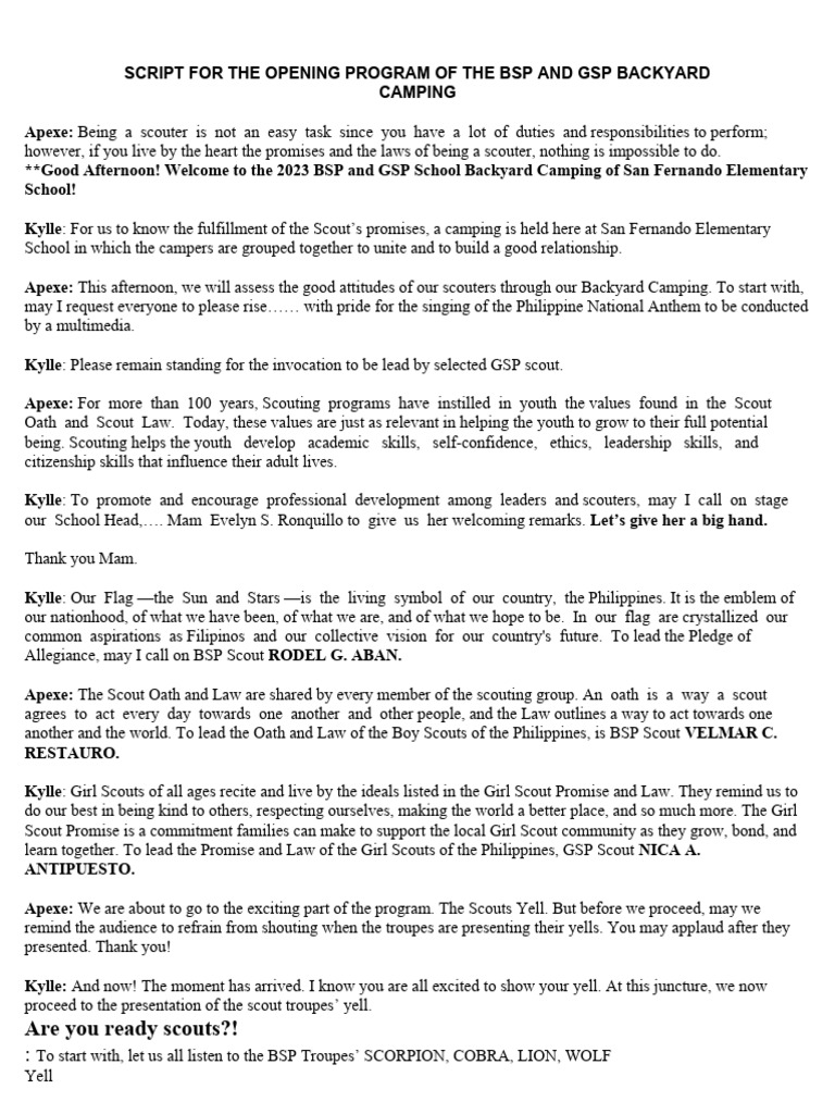 Script For The Opening Program of The BSP and GSP Backyard | PDF | Scouting | Outdoor Recreation ...