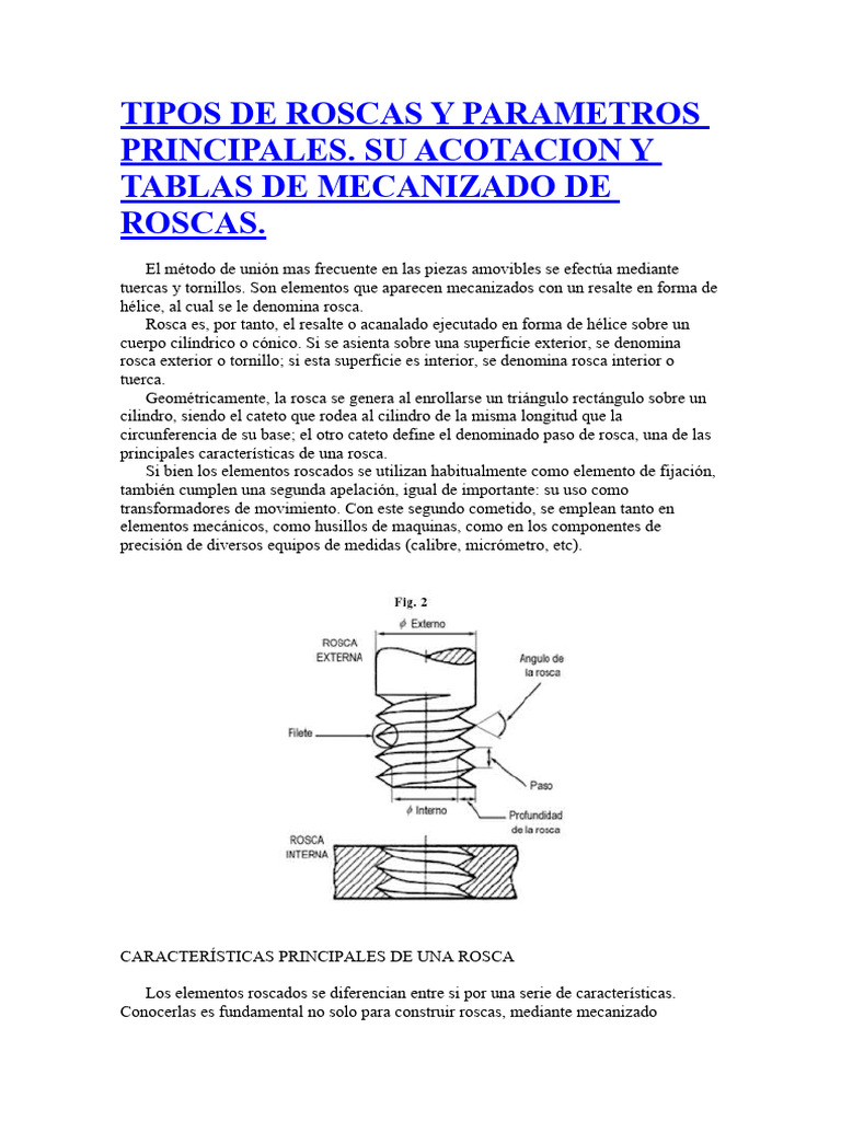 TIPOS DE ROSCAS Y PARAMETROS PRINCIPALES | PDF | Tornillo | Pulgada