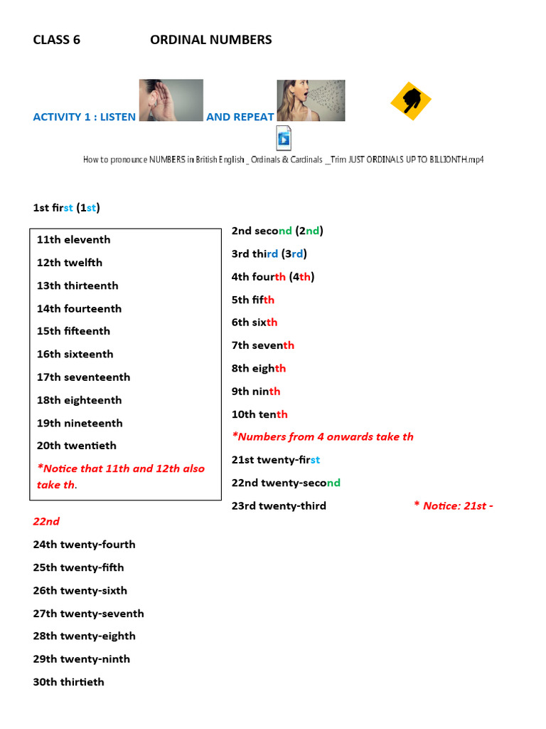 Class 6 Ordinal Numbers | PDF