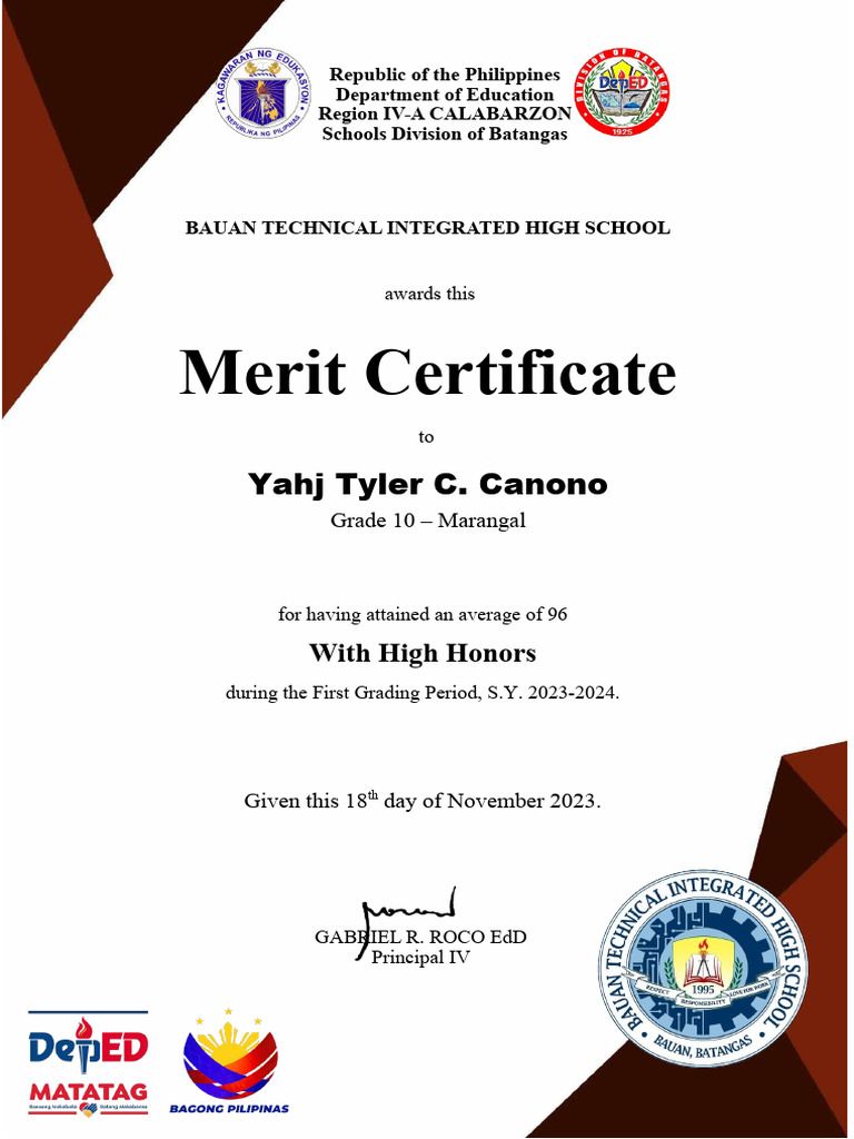 Merit Certificate Sy 2023 2024 | PDF | Philippines | Government Related Organizations