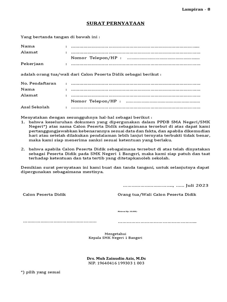 Surat Pernyataan Kebenaran Dokumen PPDB 2023 | PDF