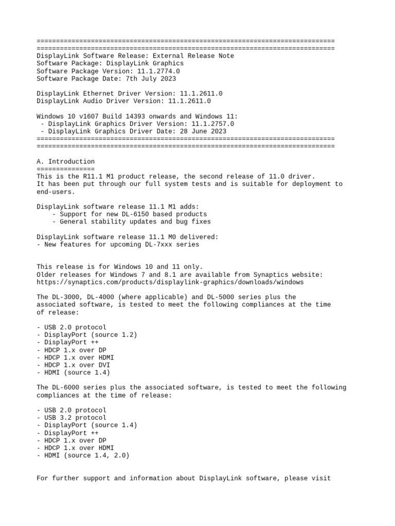 DisplayLink USB Graphics Software For Windows11.1 M1-Release Notes ...