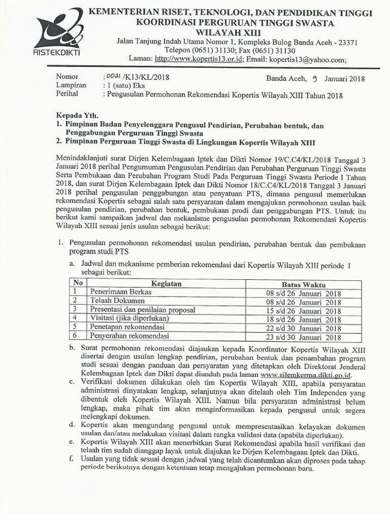Pengusulan Permohonan Rekomendasi Kopertis Wilayah XIII Tahun 2018 | PDF
