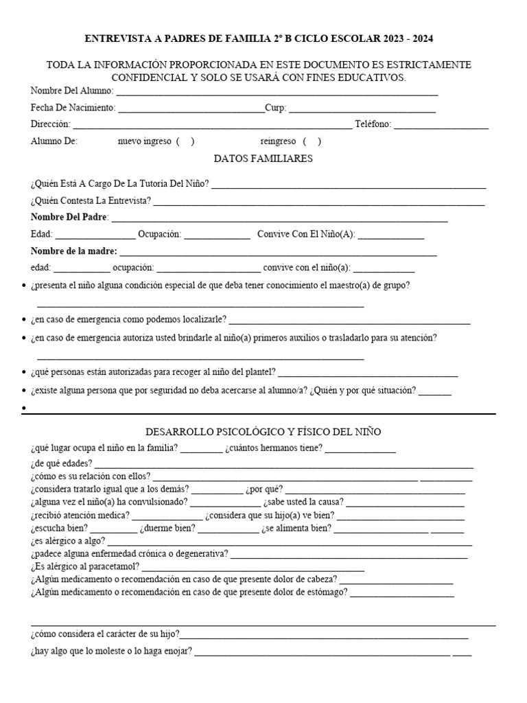 Entrevista A Padres de Familia 2º B Ciclo Escolar 2023 - 2024 | PDF ...