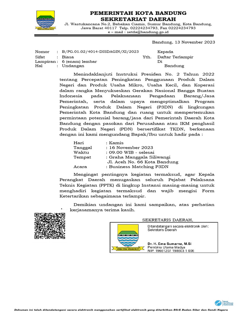 Surat Undangan Business Matching PPTK Di Lingkungan Pemerintah Kota Bandung | PDF