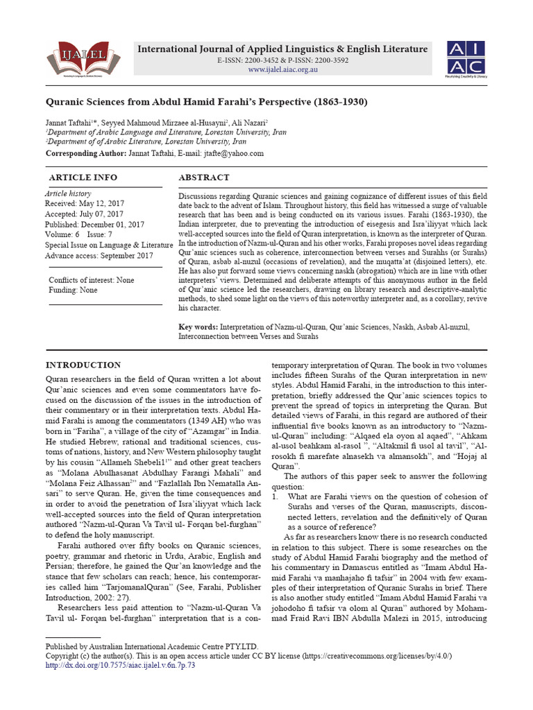 Quranic Sciences From Abdul Hamid Farahi's Perspective (1863-1930 ...