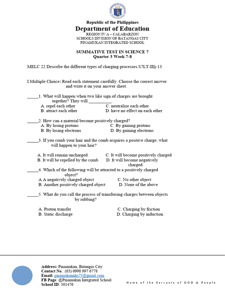 Science 7 Summative Test: Charging Processes | PDF | Electric Charge ...