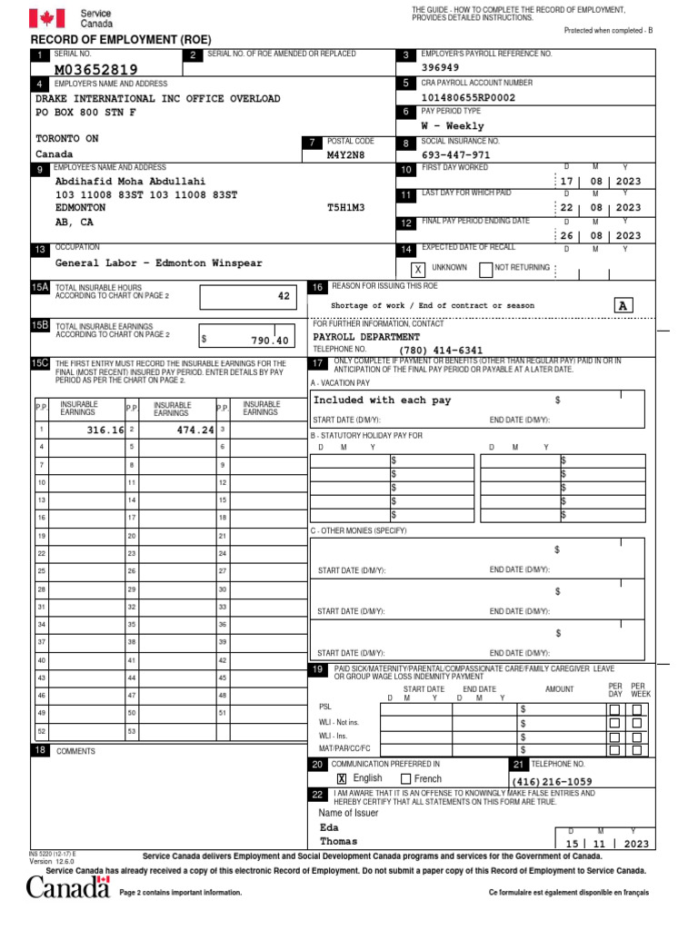 Record of Employment (Roe) : Payroll Department | PDF | Payroll ...