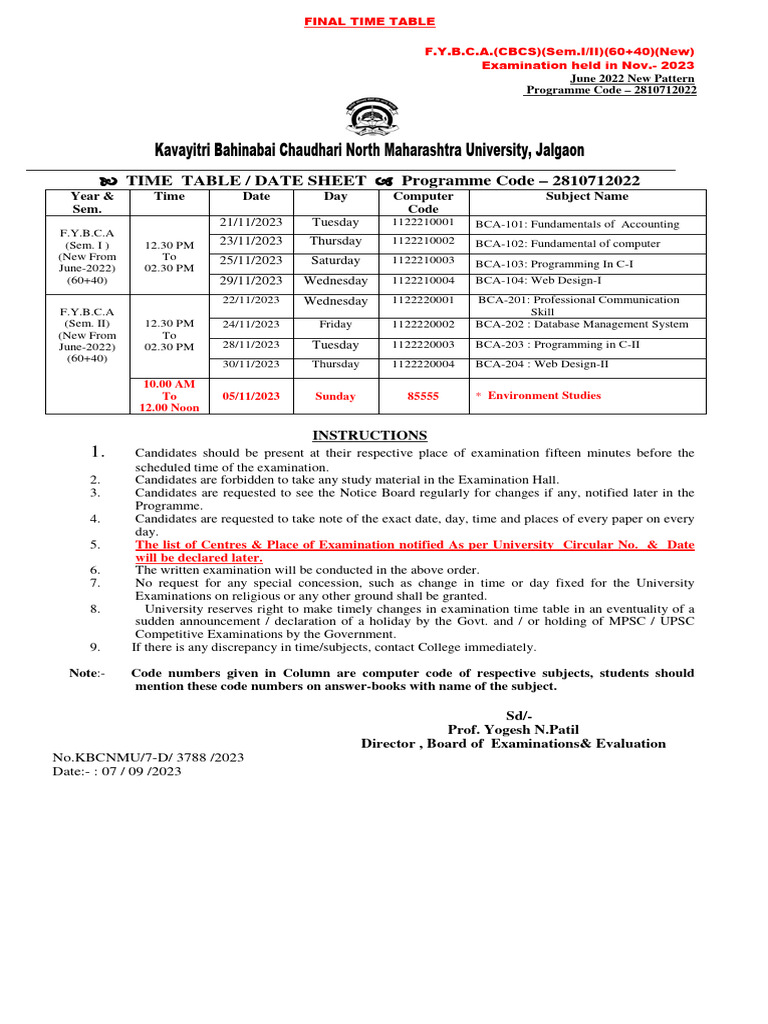 Final Time Table Of Fy Sy Tybca Sem I To Vi New Exam Held In Novdec2023 1 Pdf 