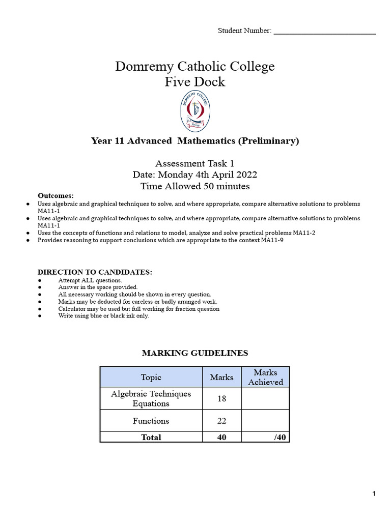Yr 2022 Task 1 Math Exam | PDF | Mathematics | Quadratic Equation