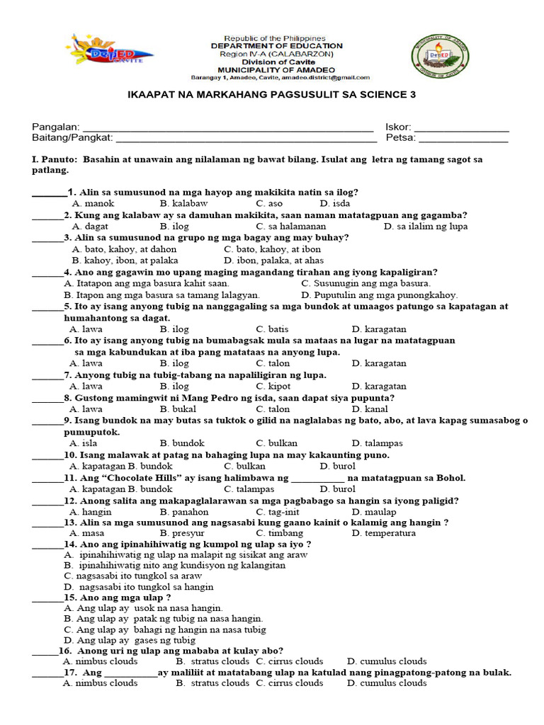 4th Periodical Test Science 3 | PDF