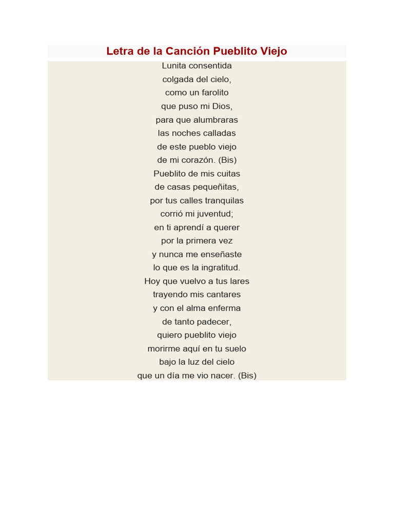 Letra de La Canción Pueblito Viejo | PDF