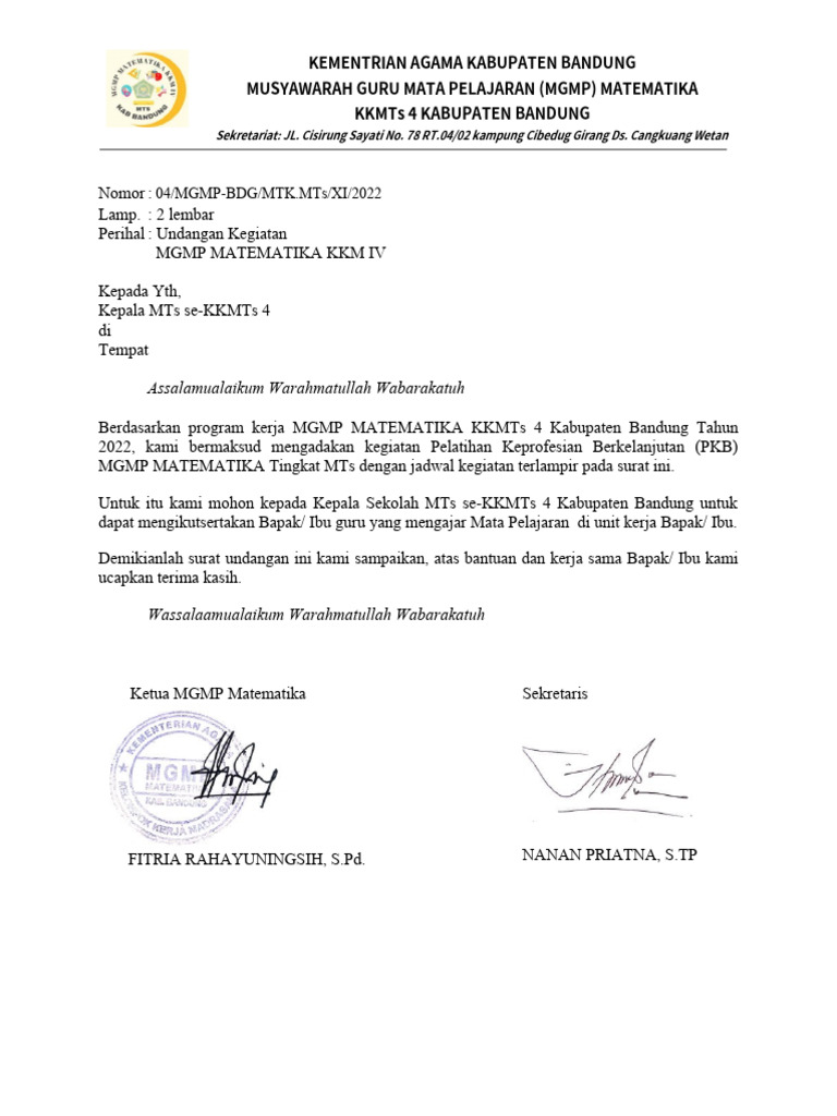 001 Surat Undangan PKB MTK 2022 | PDF