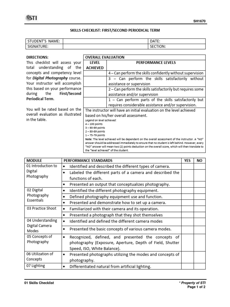 01 Skills Checklist | PDF | Camera | Recording