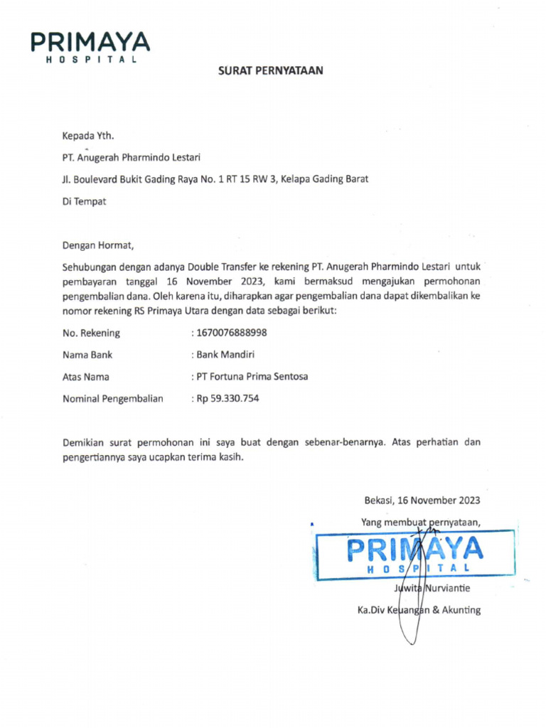 Surat Pernyataan Refund | PDF