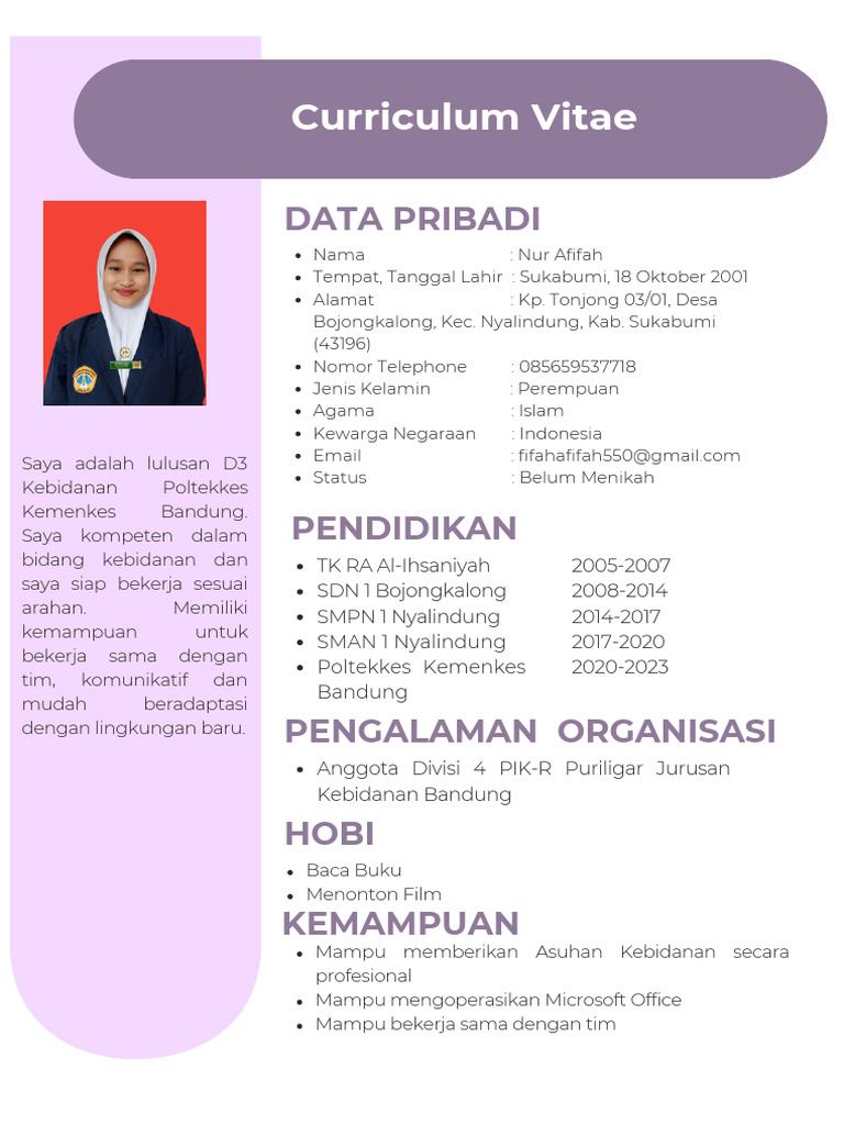 Curriculum Vitae - Nur Afifah | PDF