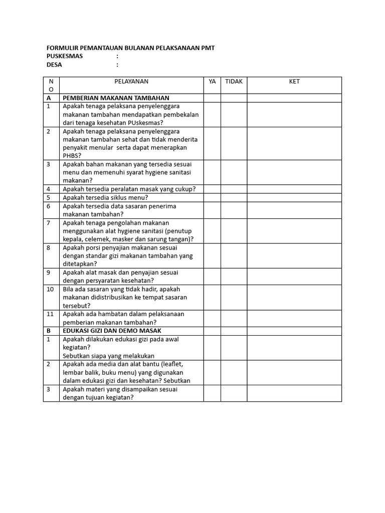 Formulir Pemantauan Bulanan Pelaksanaan PMT Dinkes | PDF