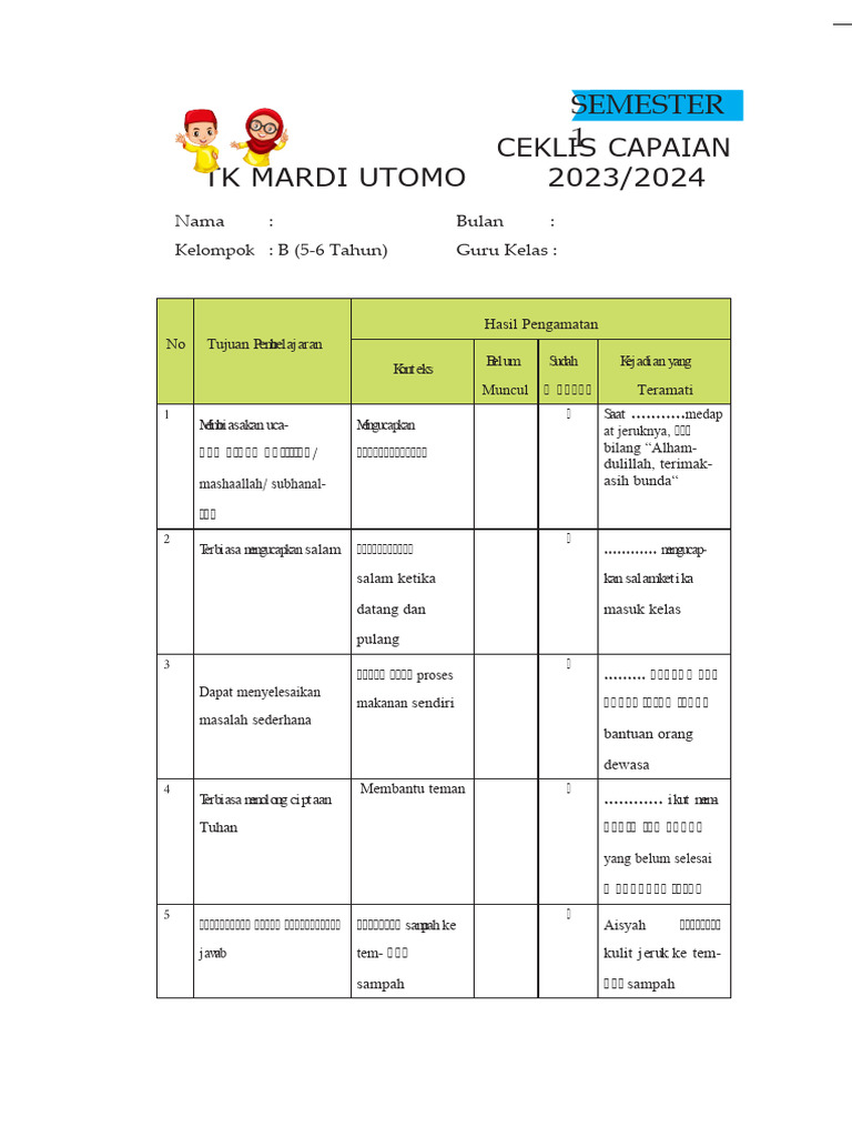 Ceklis Skala Capaian Paud Dan Program Pembelajaran | PDF