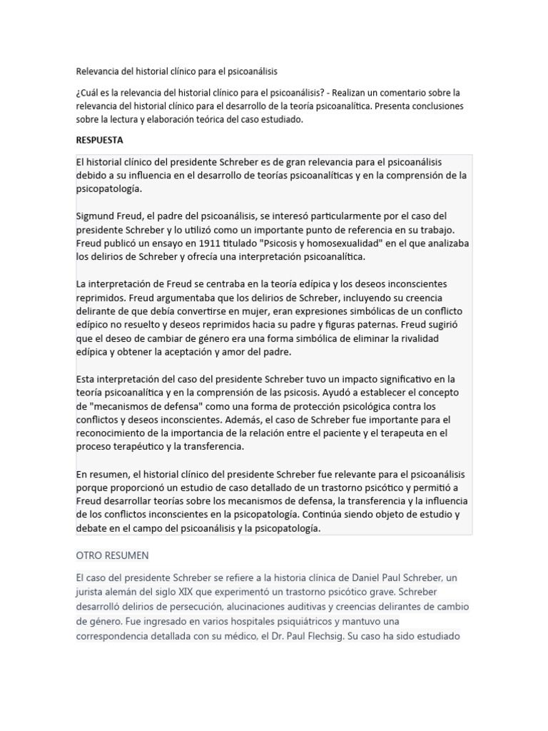 Resumenes Caso Schreber | PDF | Psicoanálisis | Sigmund Freud